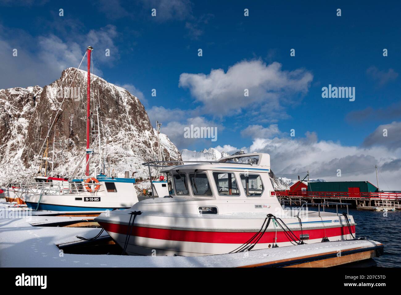 Cod fishing boats in Fishing village in the Lofoten Islands, Norway ...