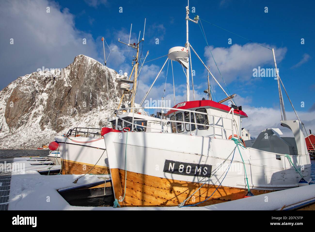 Cod fishing boats in Fishing village in the Lofoten Islands, Norway ...