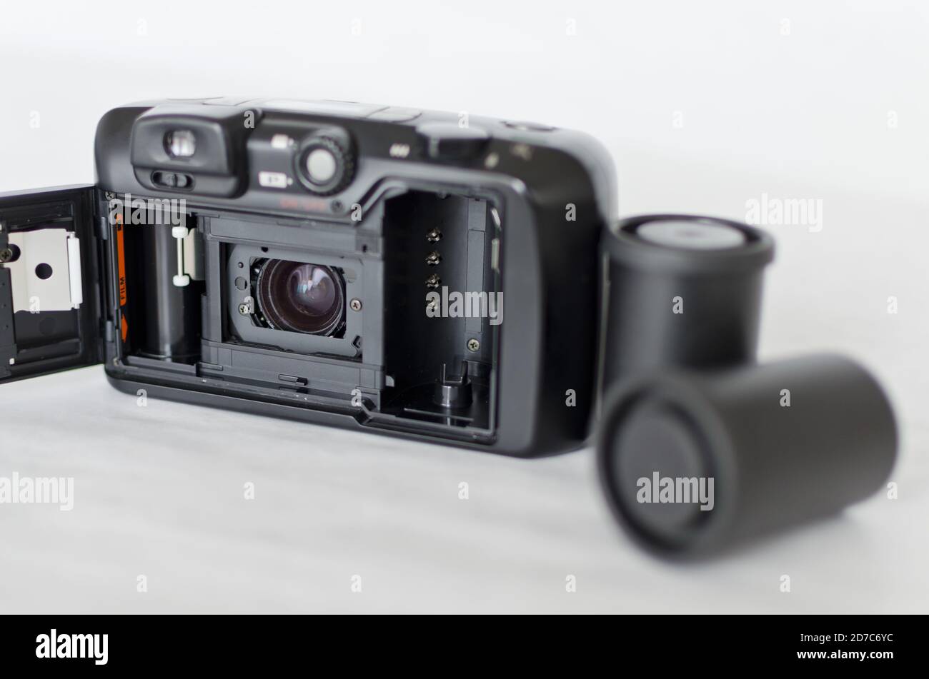 Closeup shot of the open back portion of a classic camera with films ...