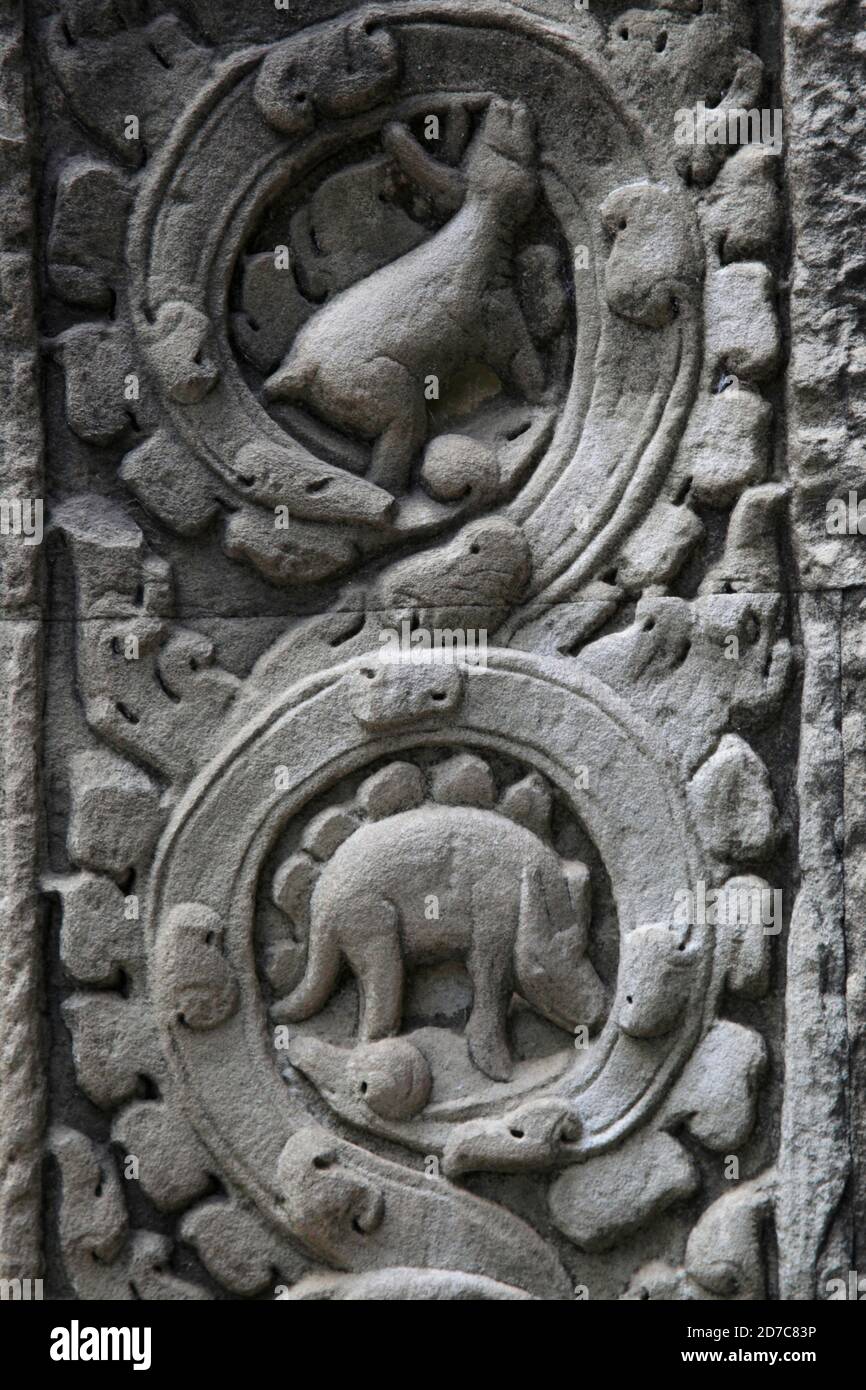 "Stegosaurus" wall carving, gopura III west, Ta Prohm - ruined Temple ...