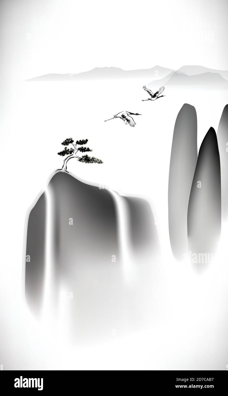 Chinese traditional painting landscape Stock Vector Images - Alamy