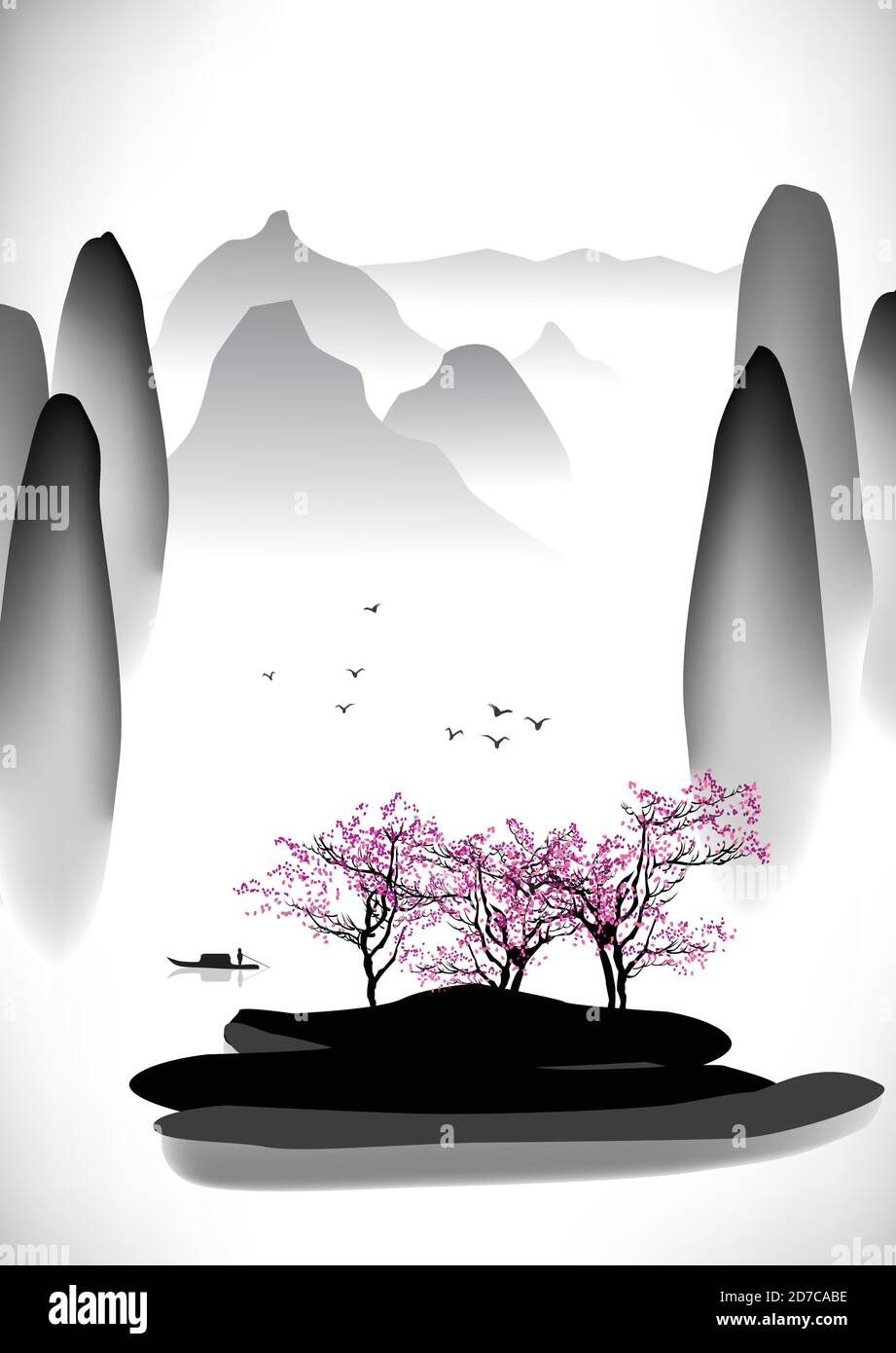 Chinese traditional painting landscape Stock Vector Images - Alamy