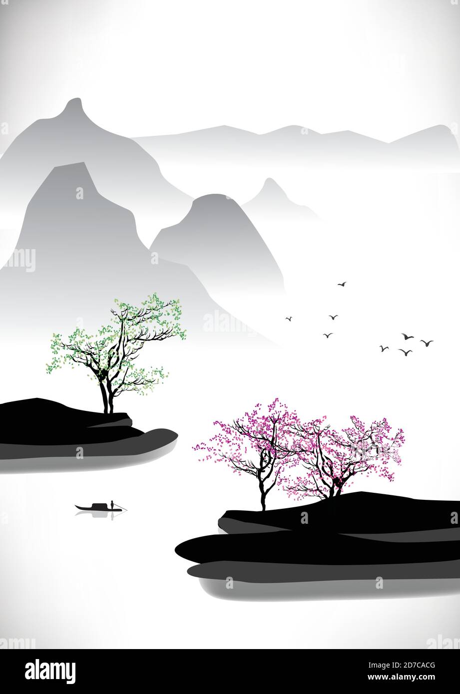 Chinese traditional painting landscape Stock Vector Images - Alamy