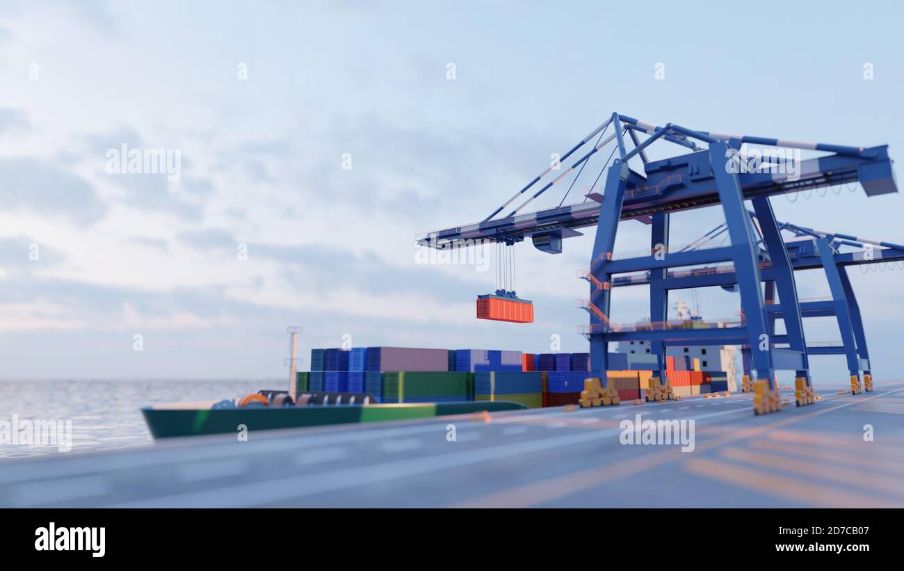 Port cranes loading containers on a cargo ship at the port. Tilt-shift ...