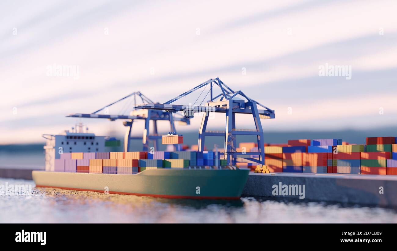 Port cranes loading containers on a cargo ship at the port. Tilt-shift ...