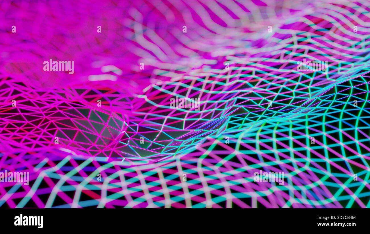 Purple and cyan neon grid. Futuristic wireframe, network concept with ...