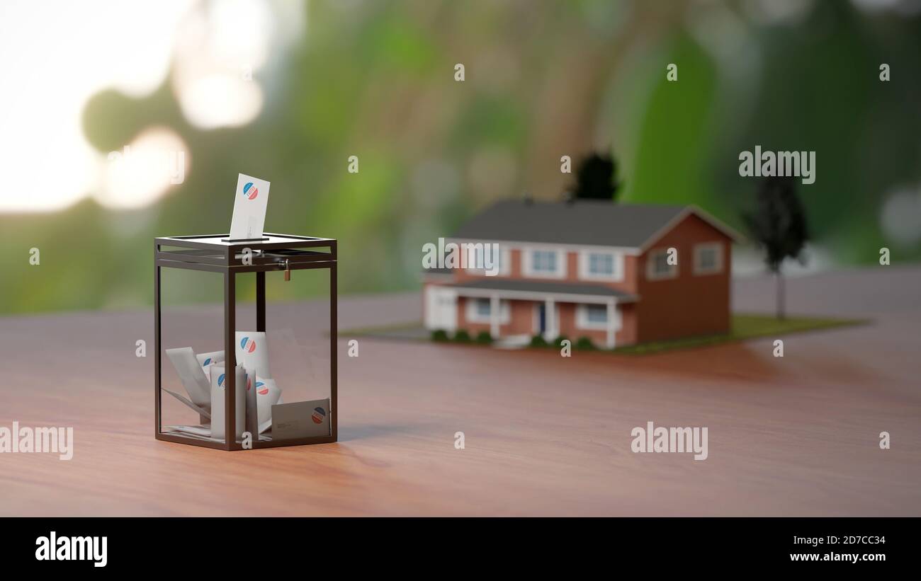 US elections, real estate business. Ballot box and a fancy suburban ...
