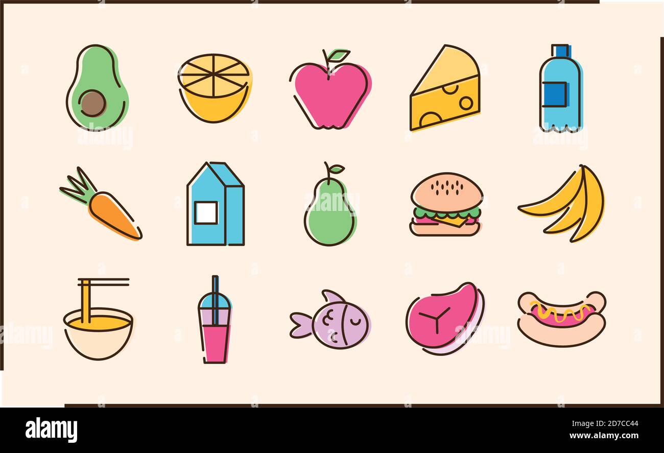 bundle of fifteen food set icons in orange background vector ...
