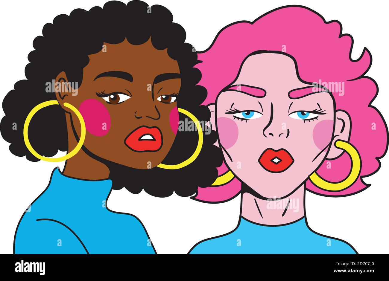 Pink Hair Woman And Afro Girl Couple Fashion Pop Art Style Vector