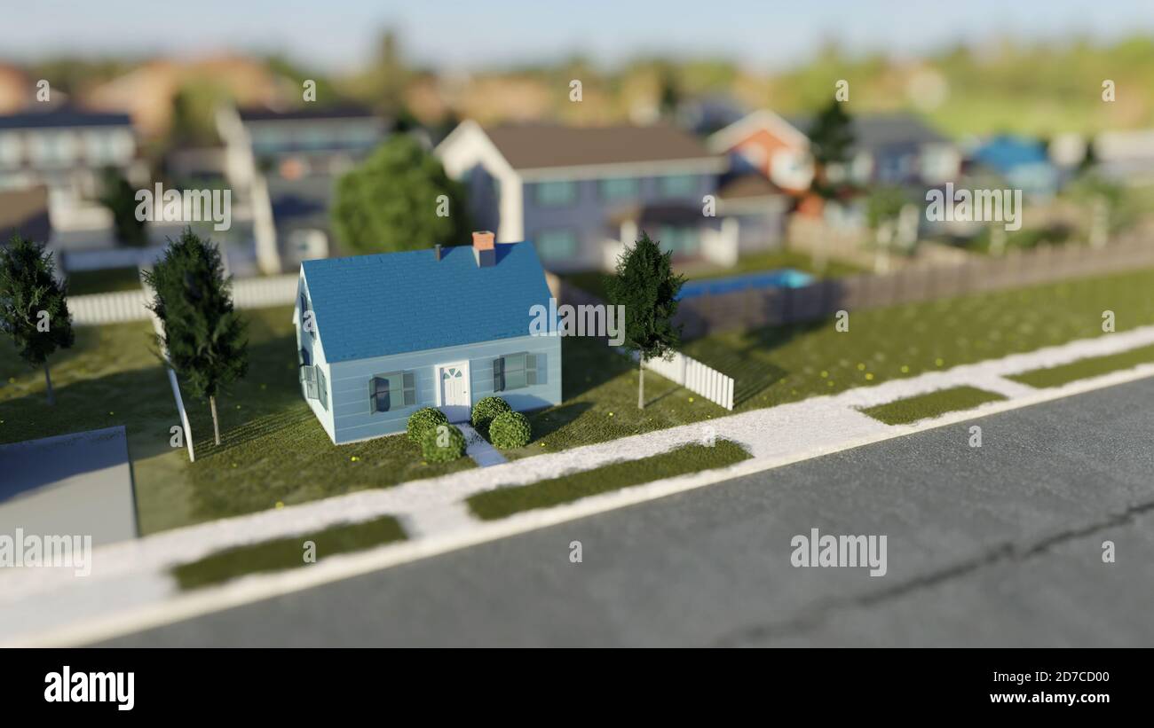 Small suburban house in a nice neighborhood. Tilt shift effect. Digital ...