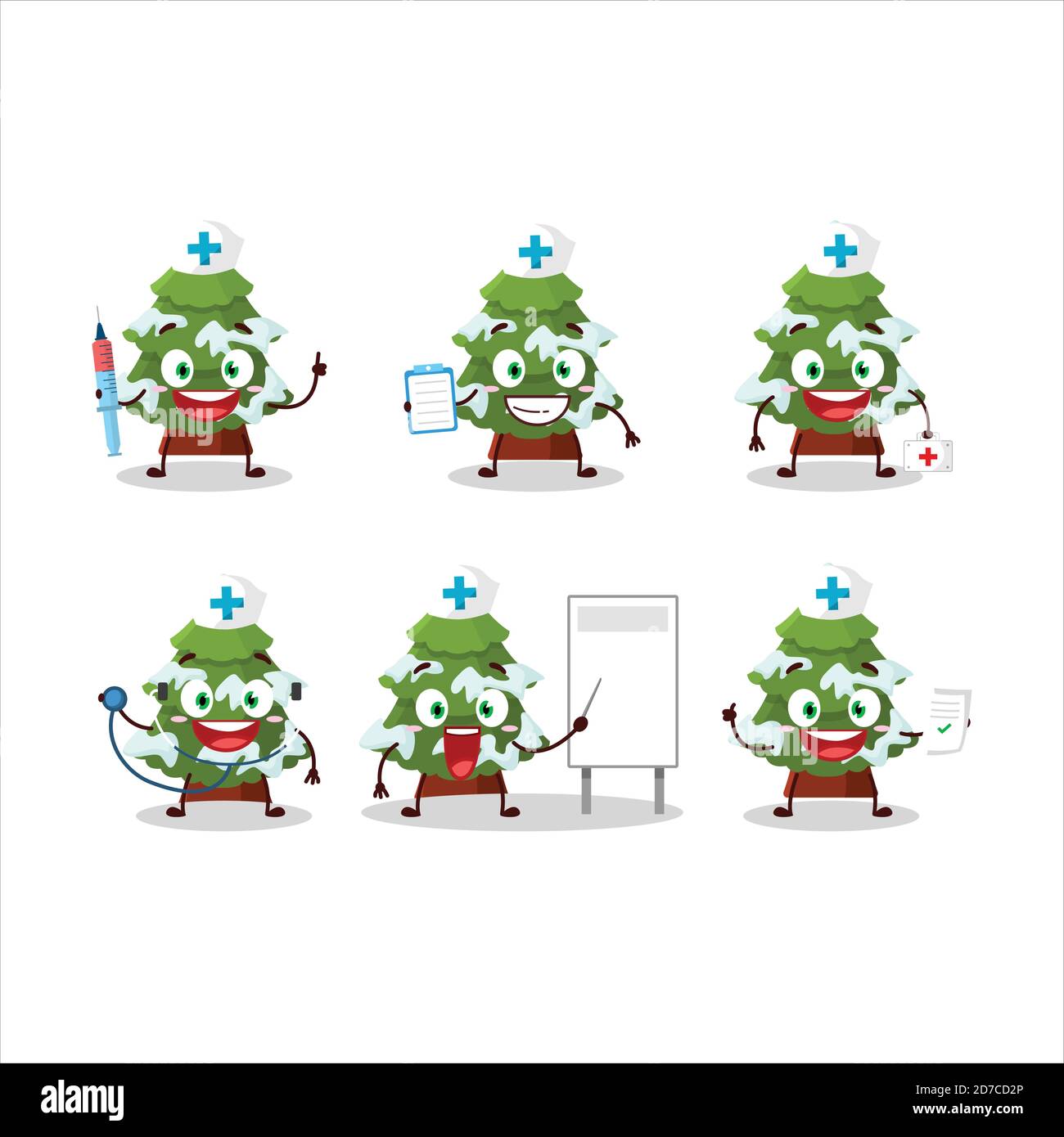 Doctor profession emoticon with green snow christmas tree cartoon ...