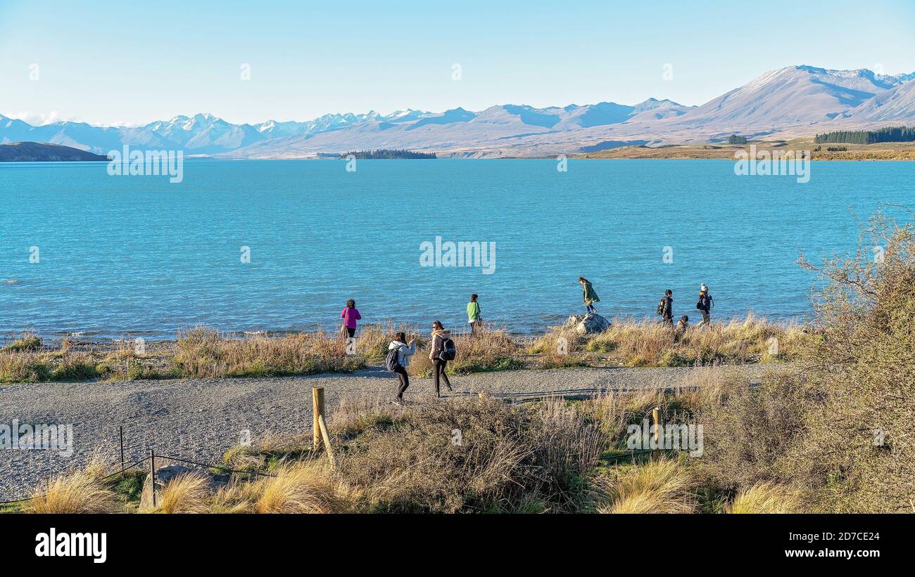 LAKE TEKAPO, NEW ZEALAND - April 2018: The beauty of the majestic alps ...