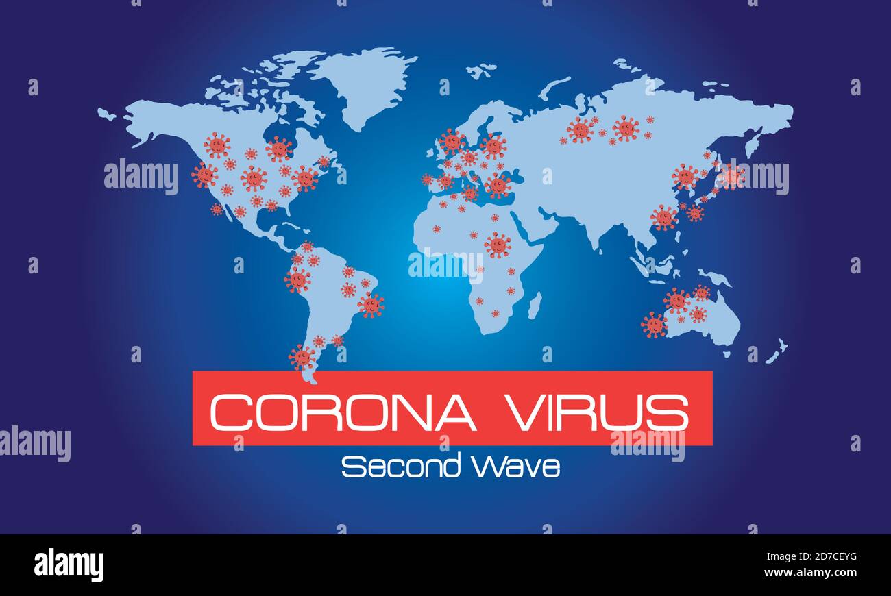 corona virus second wave poster with world maps vector illustration ...