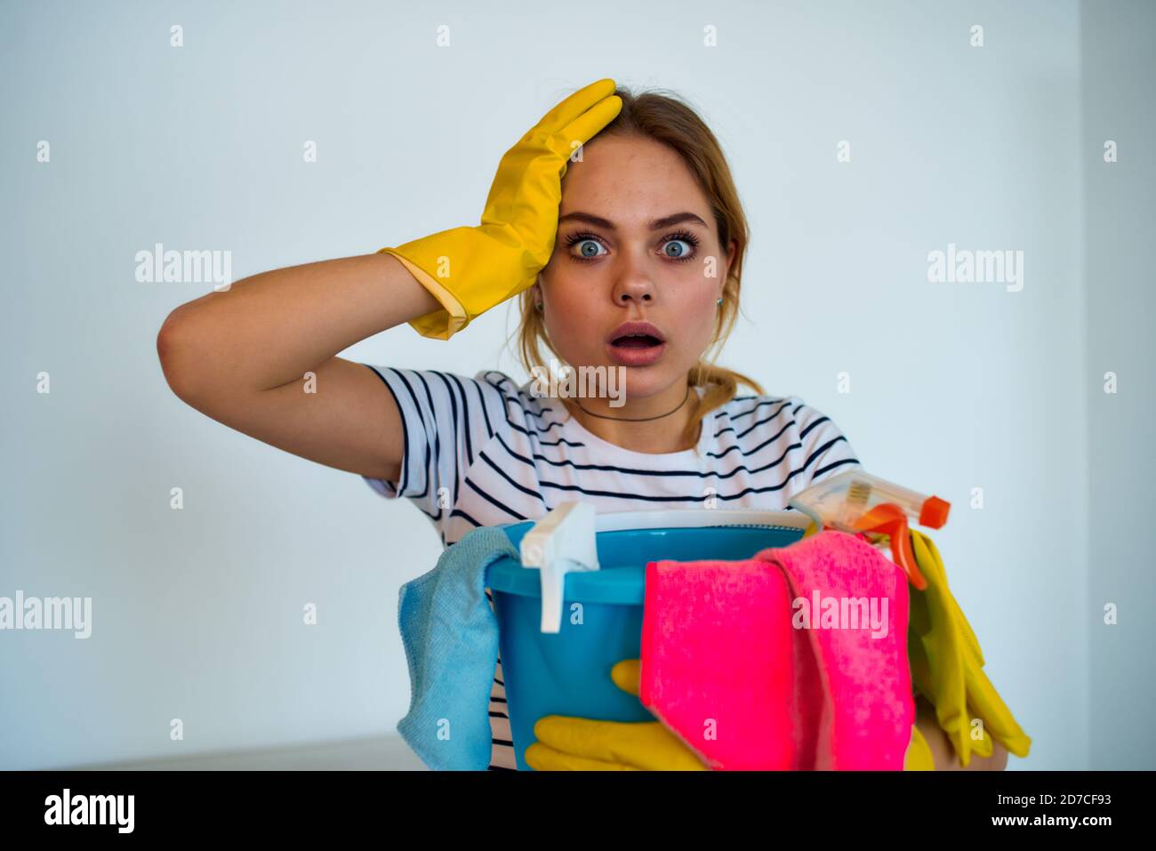 Emotional cleaning lady washing tools housework lifestyle service Stock ...