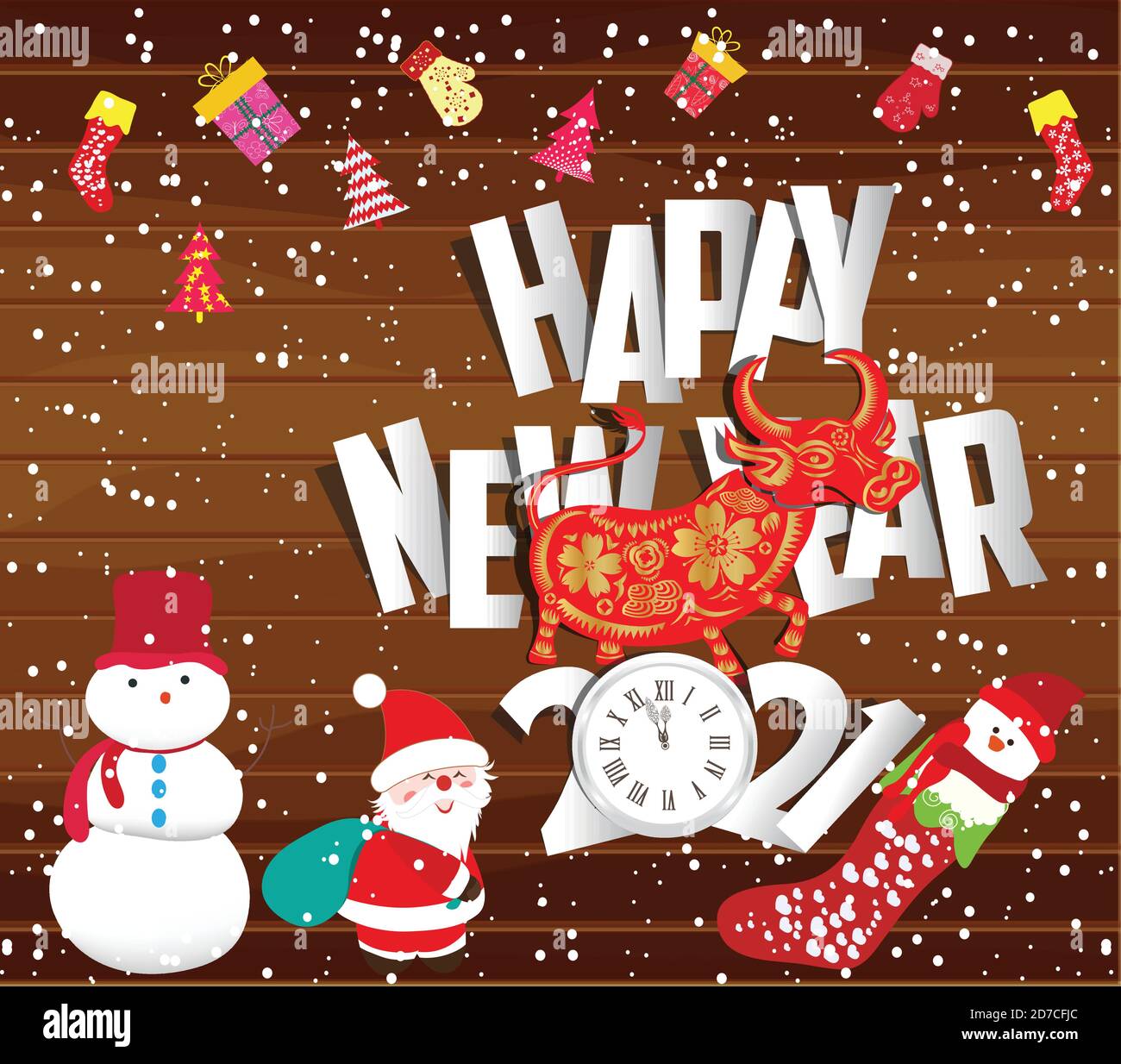 Happy new year 2021 Year of the Ox .Christmas background with snowman ...