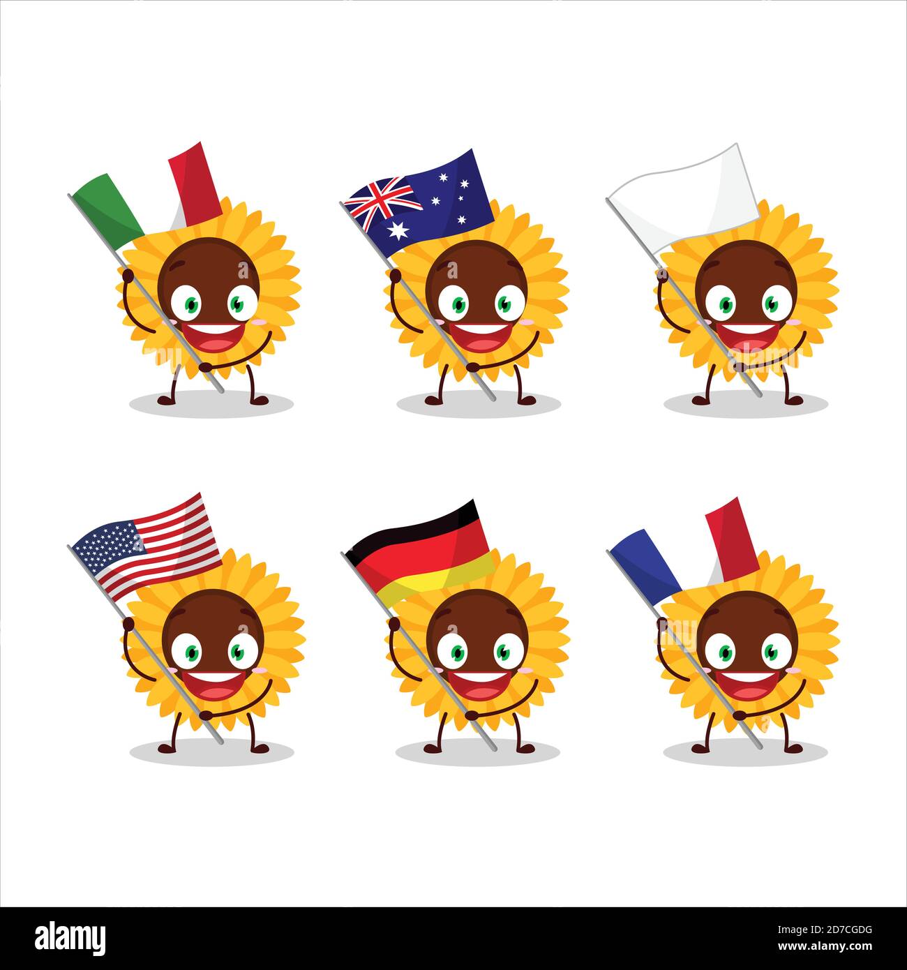 Sunflower cartoon character bring the flags of various countries Stock ...