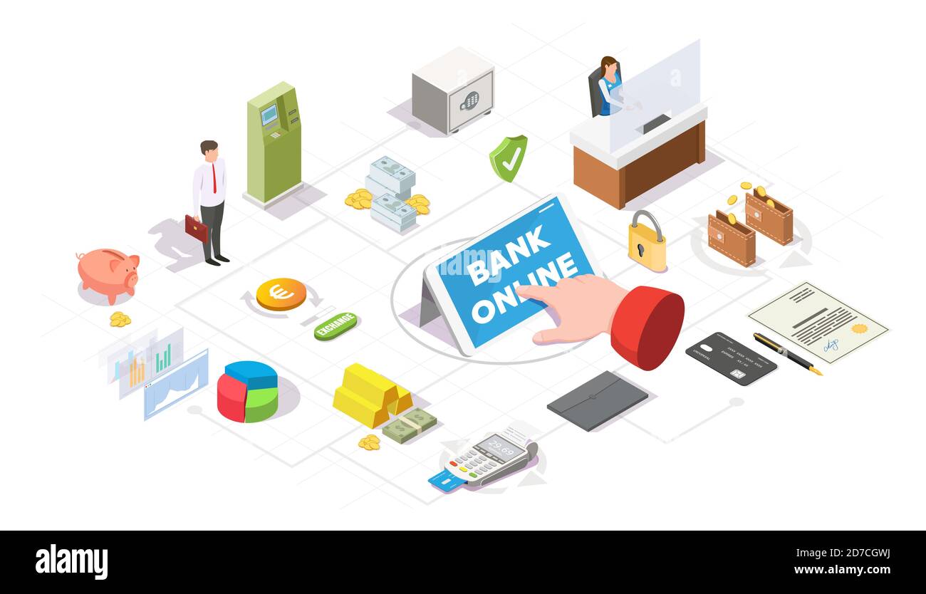 Mobile banking services isometric flowchart, vector illustration Stock ...