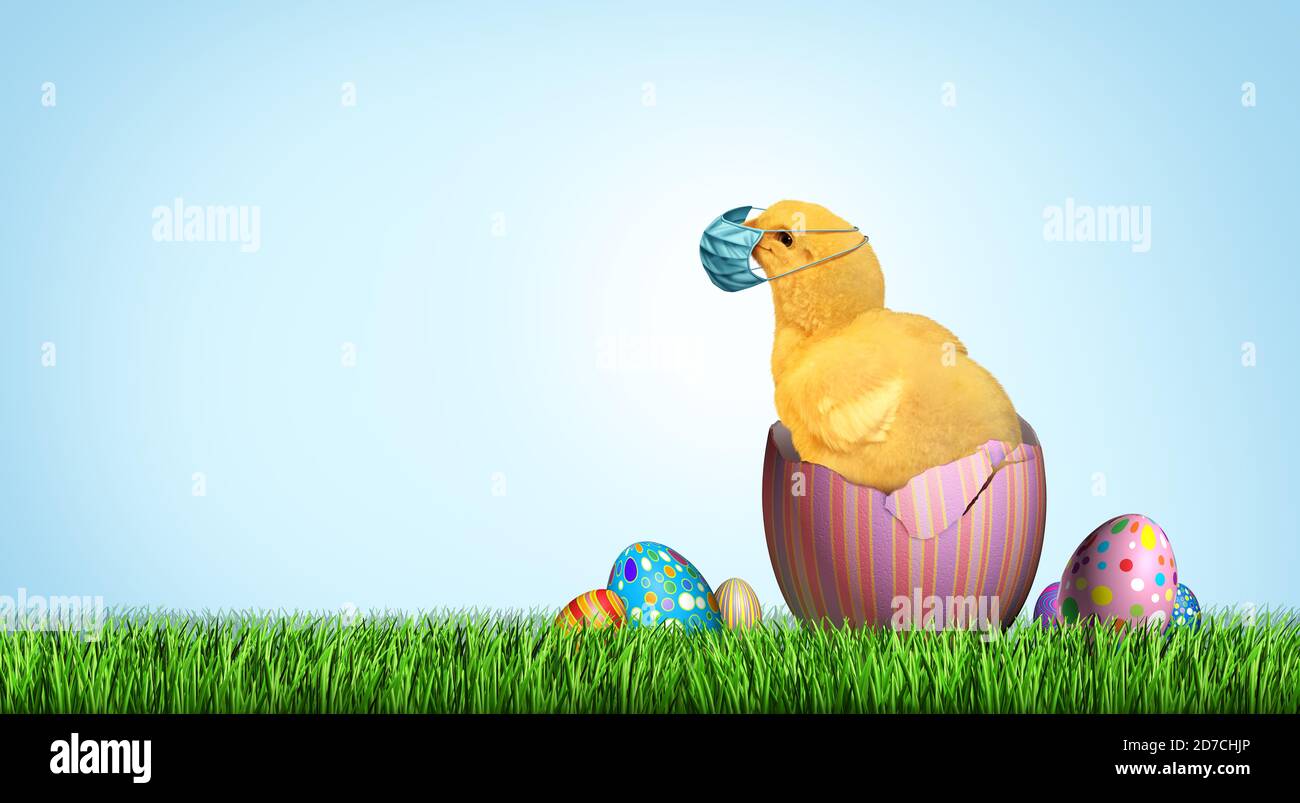 Healthy Easter banner as a seasonal sign with a chick wearing a medical ...