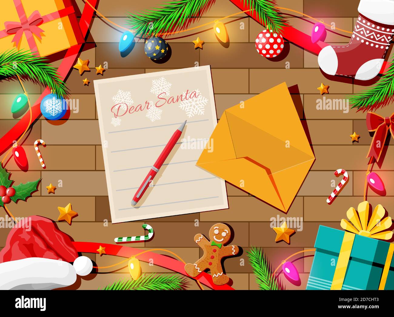Letter with wishes to santa claus. Wooden desk candycane, envelope, fur ...