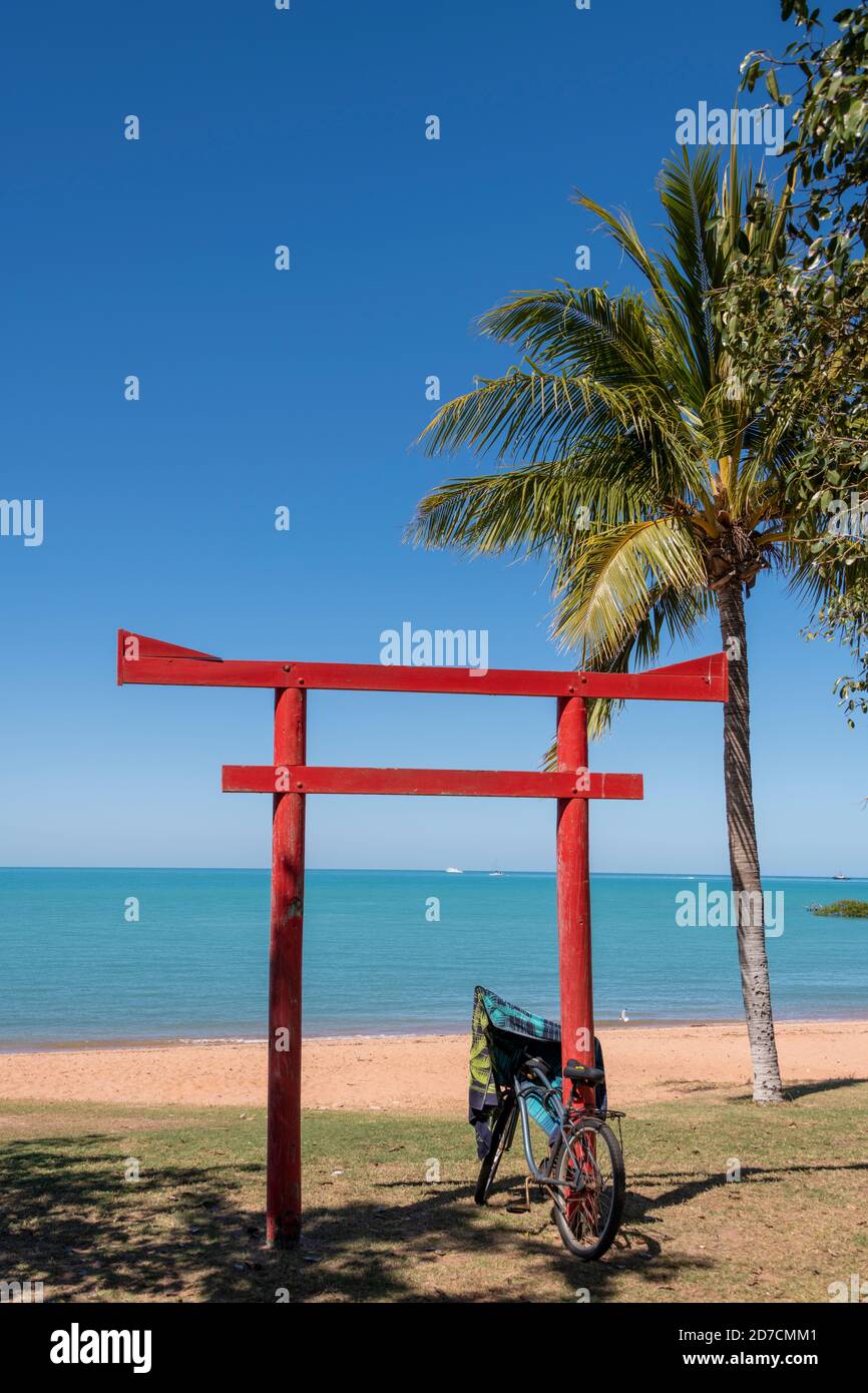 Tori Gate and bicycle at Broome's Town Beach Stock Photo - Alamy