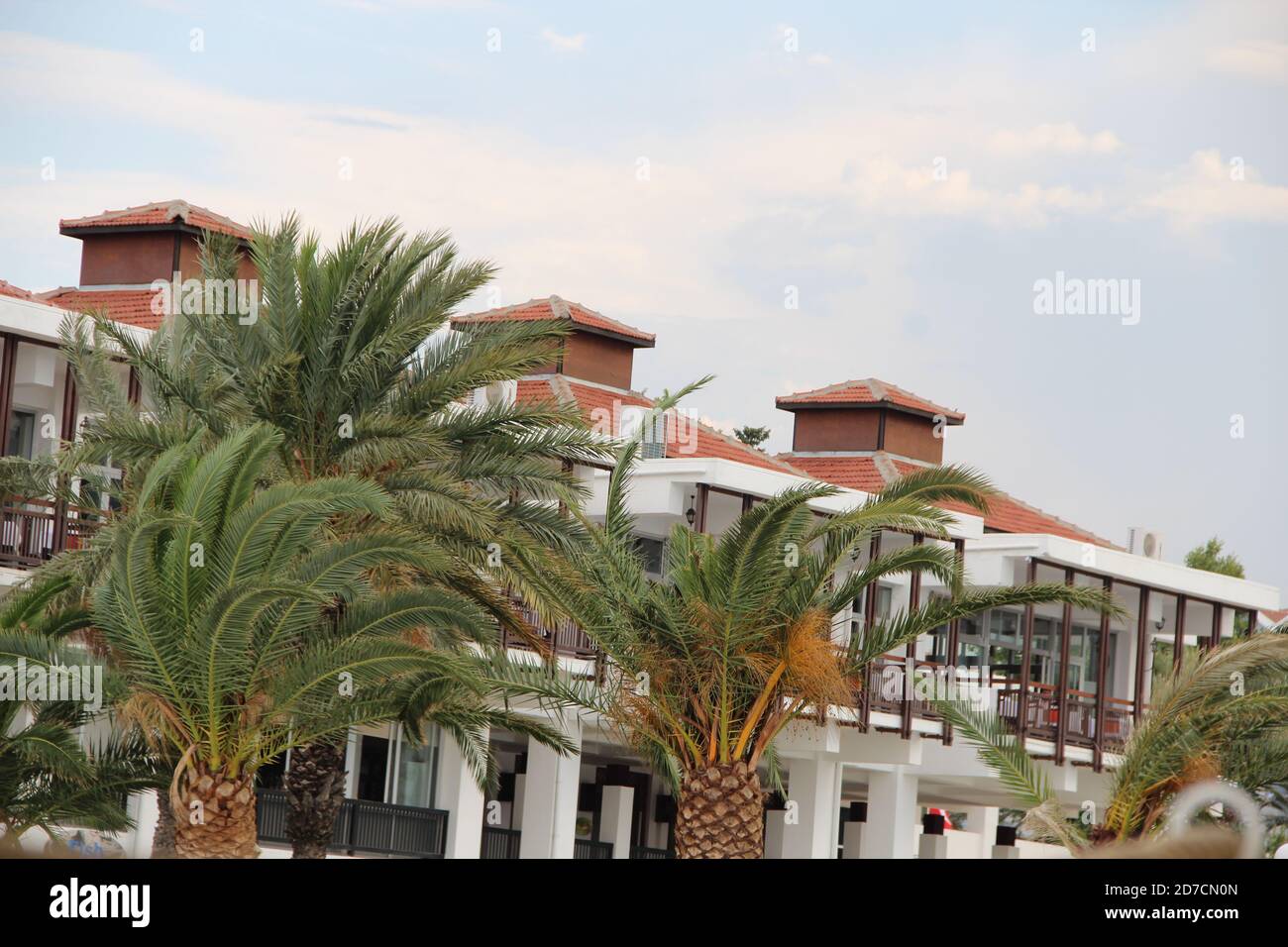 a hotel building among palm trees in a resort Stock Photo - Alamy
