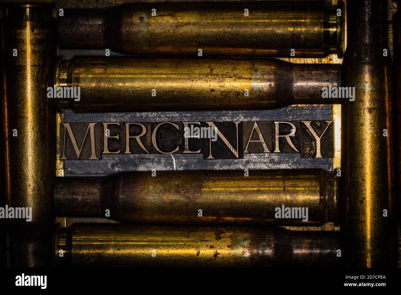 Mercenary text message on lead bar between copper 50 caliber gun ...