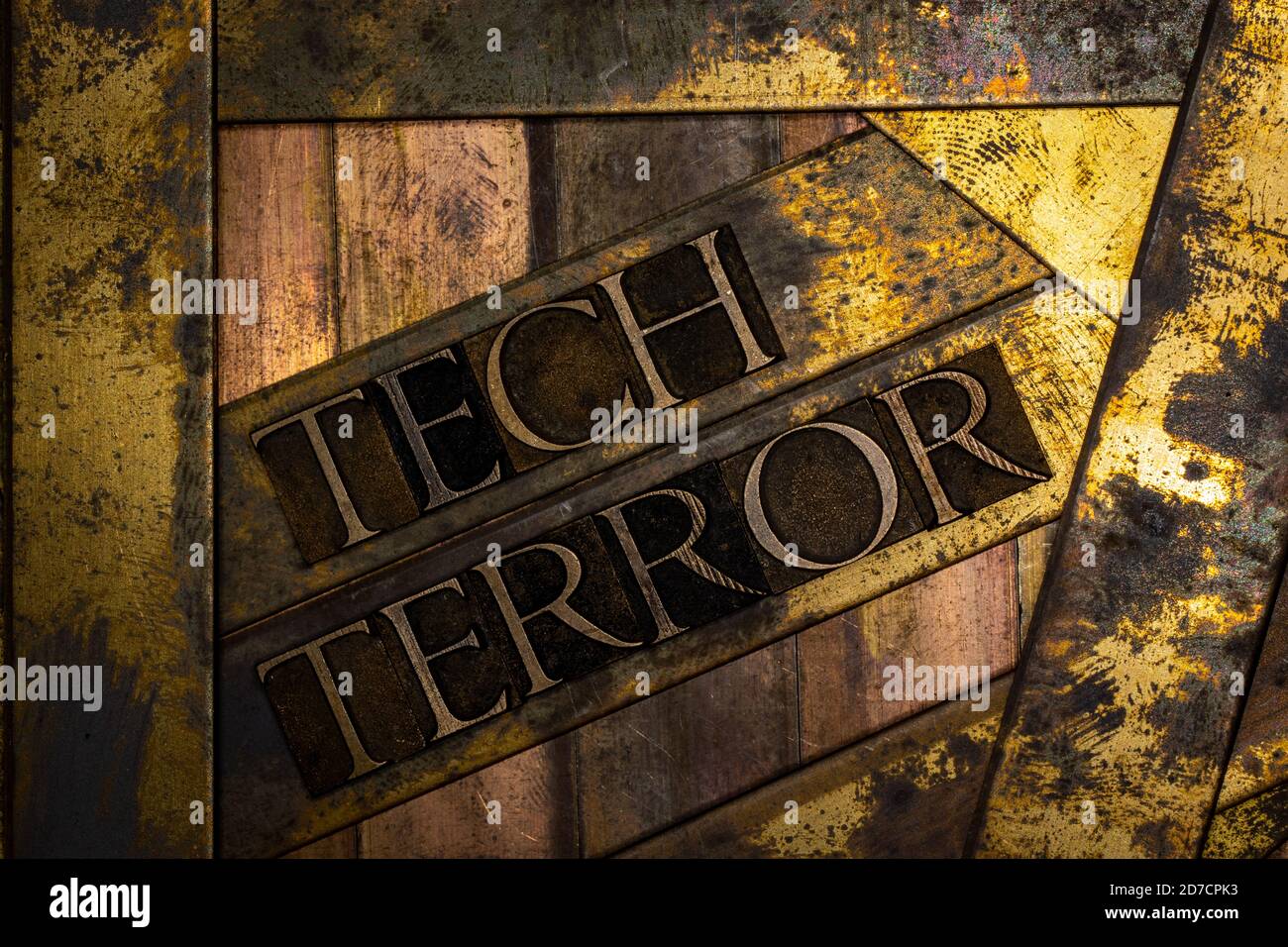 Tech Terror text message on vintage textured grunge copper and gold ...