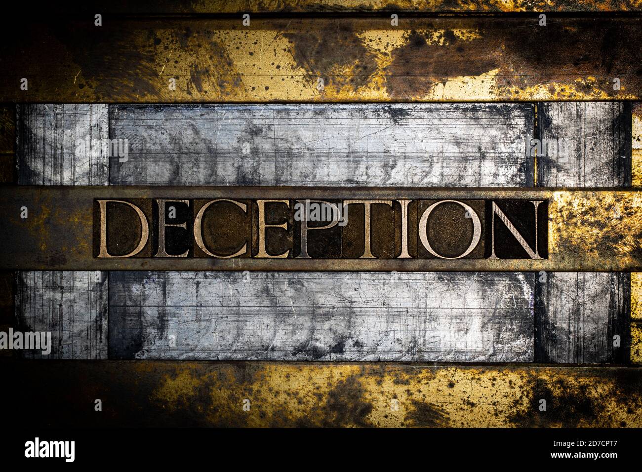 Deception text message on textured grunge copper and vintage gold ...