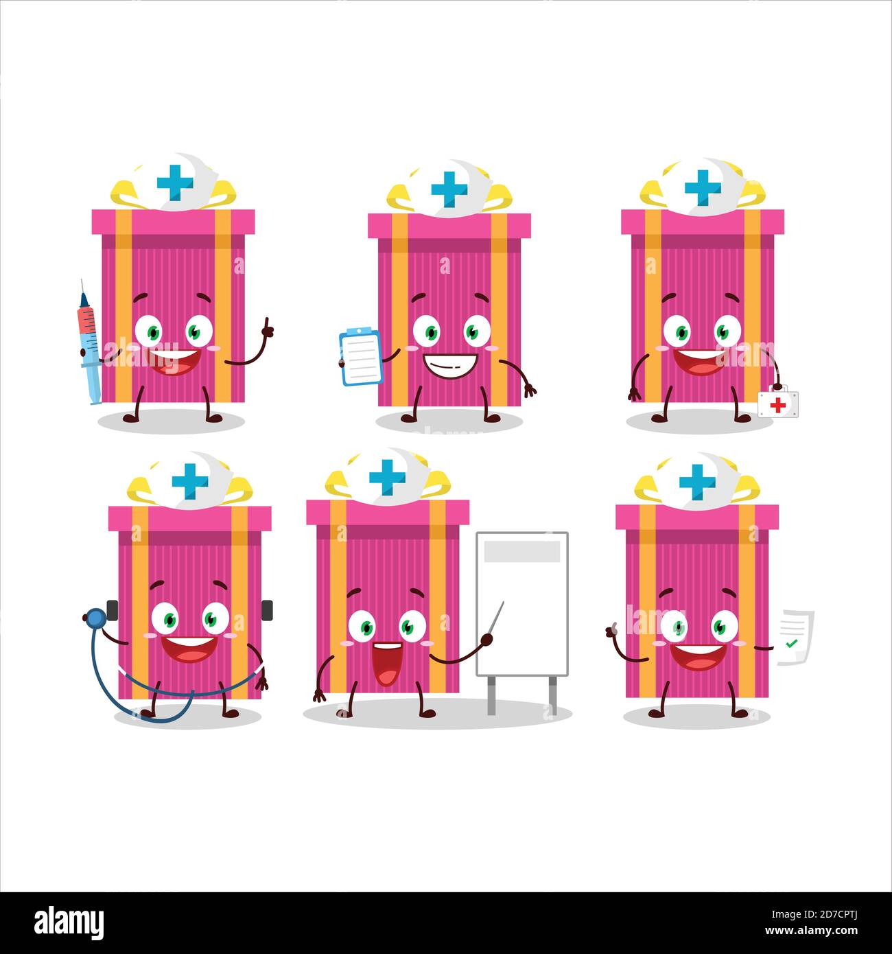 Doctor profession emoticon with pink christmas gift cartoon character ...