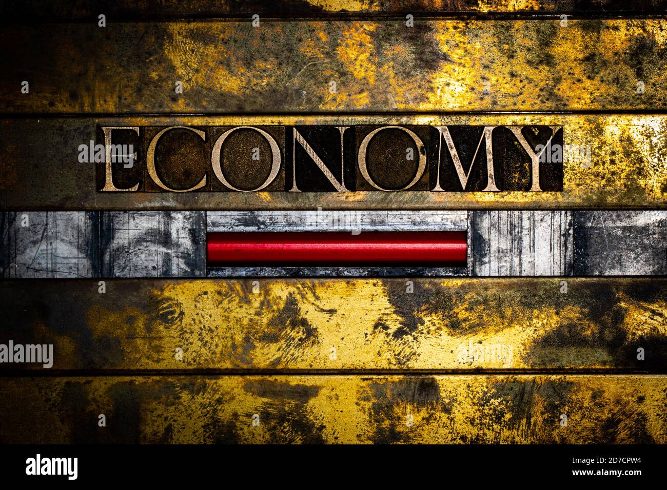Economy text message with red warning sign on vintage textured grunge ...