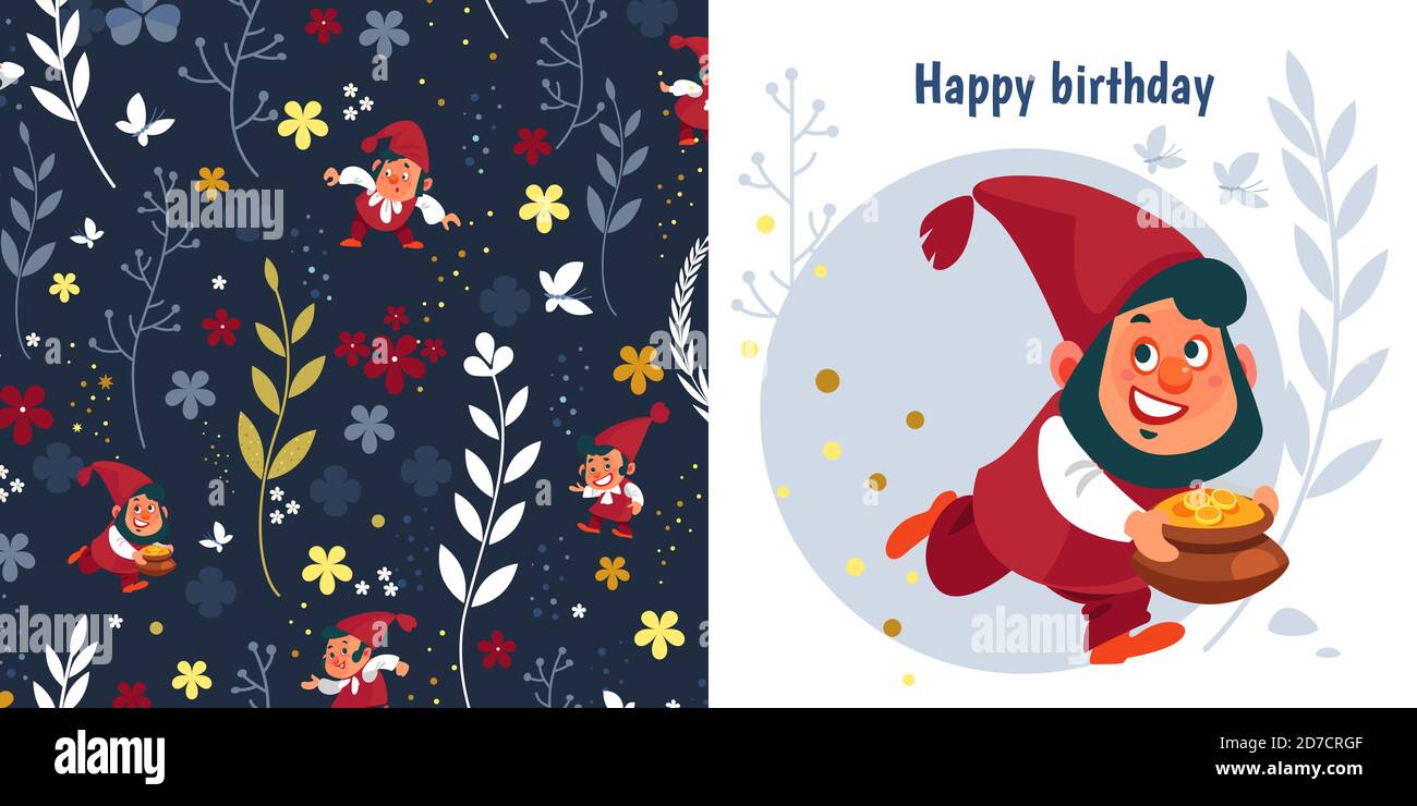Happy birthday. Greeting card for a birthday. A cute, smiling dwarf ...