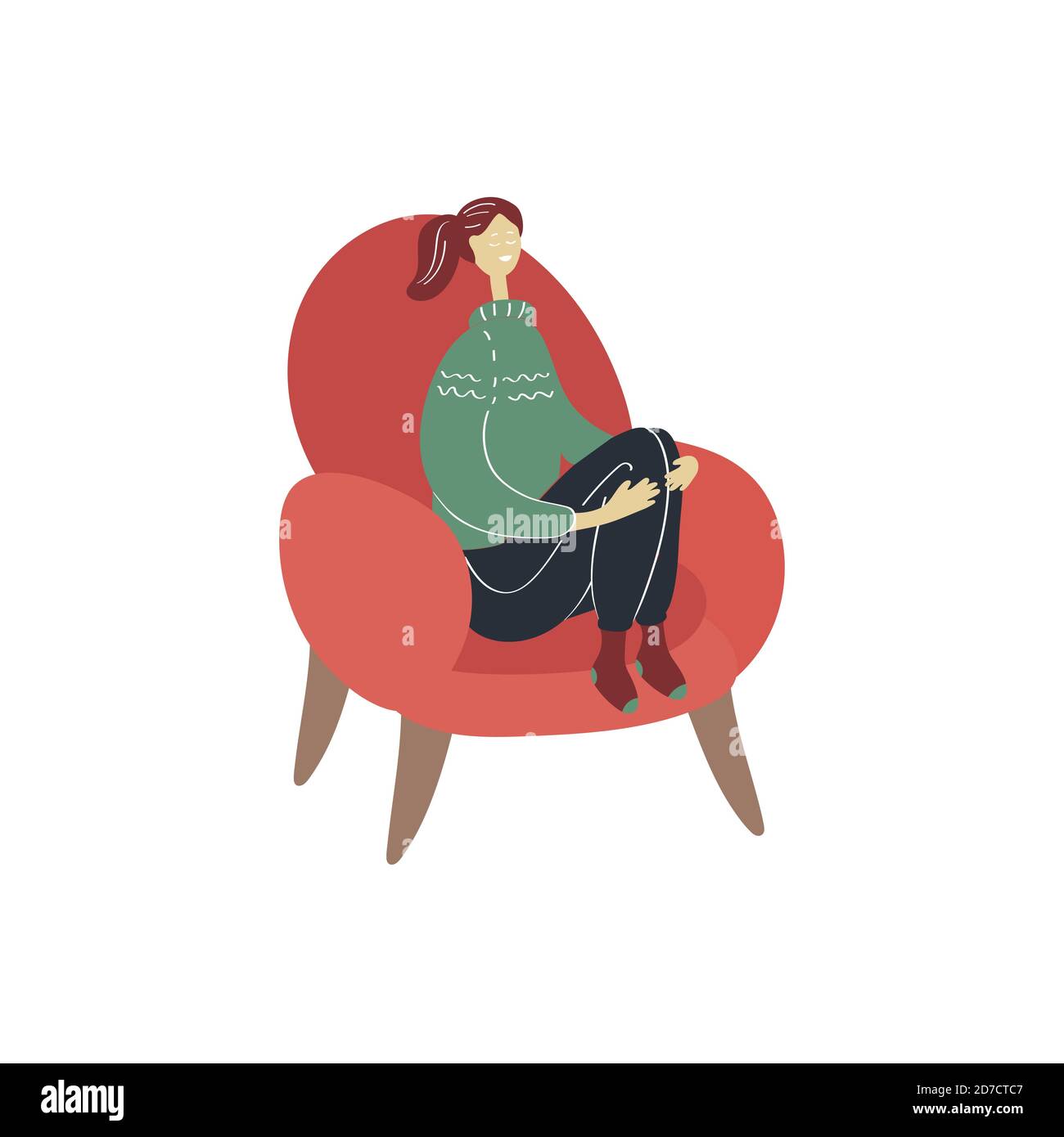 Happy young woman sitting in chair. Cozy home rest. Flat hand drawn ...