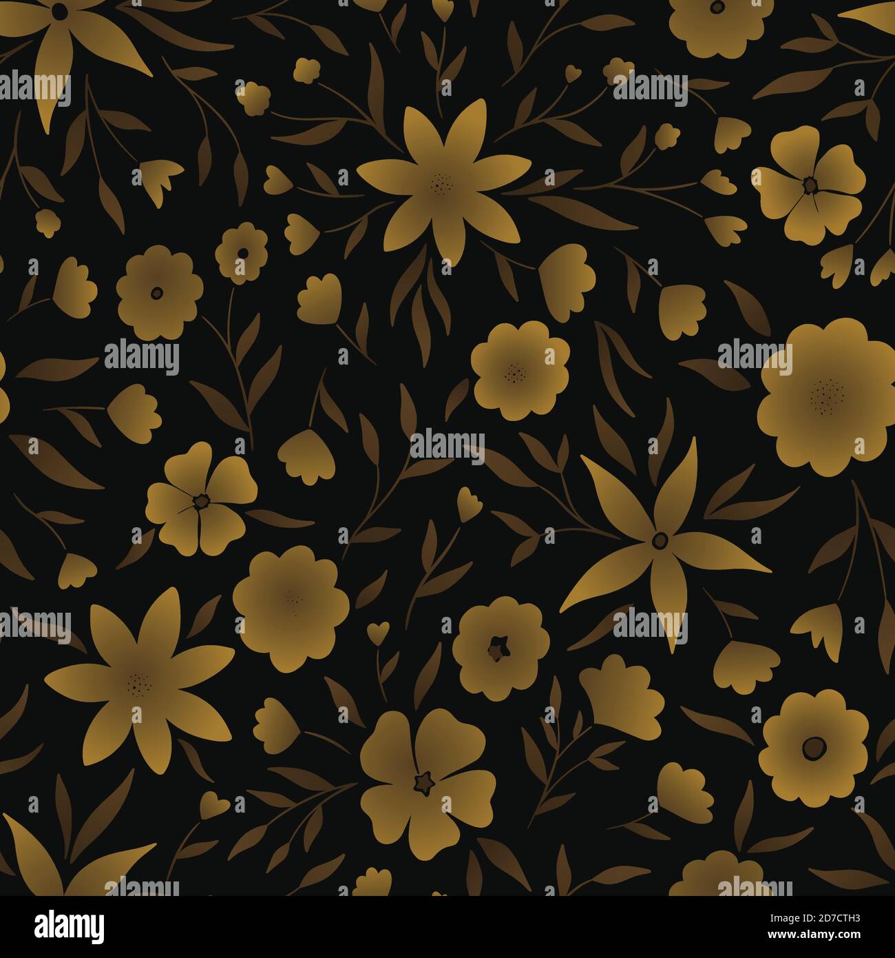 Abstract Batik flowers seamless pattern. Gold on black background ...