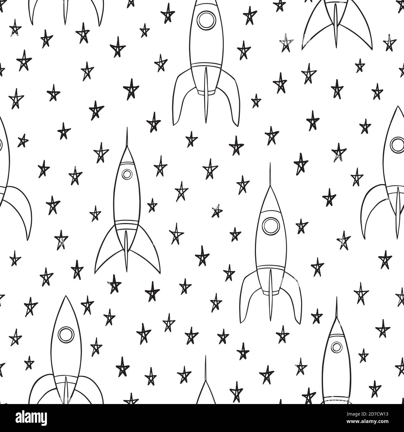 Rockets and stars doodle seamless pattern. Hand drawn background ...
