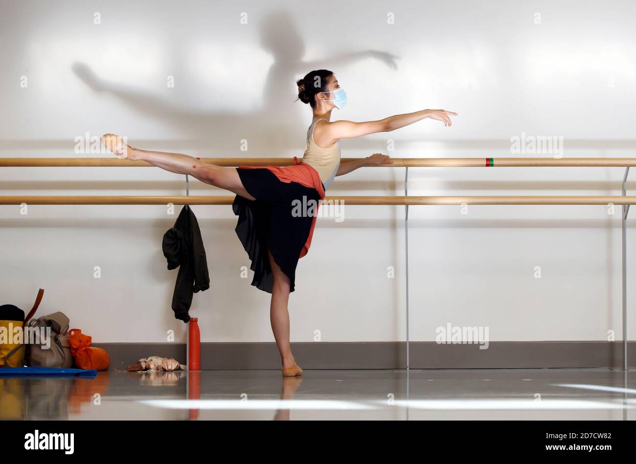 Northern Ballet dancer Ayami Miyata wears a face mask during a training ...