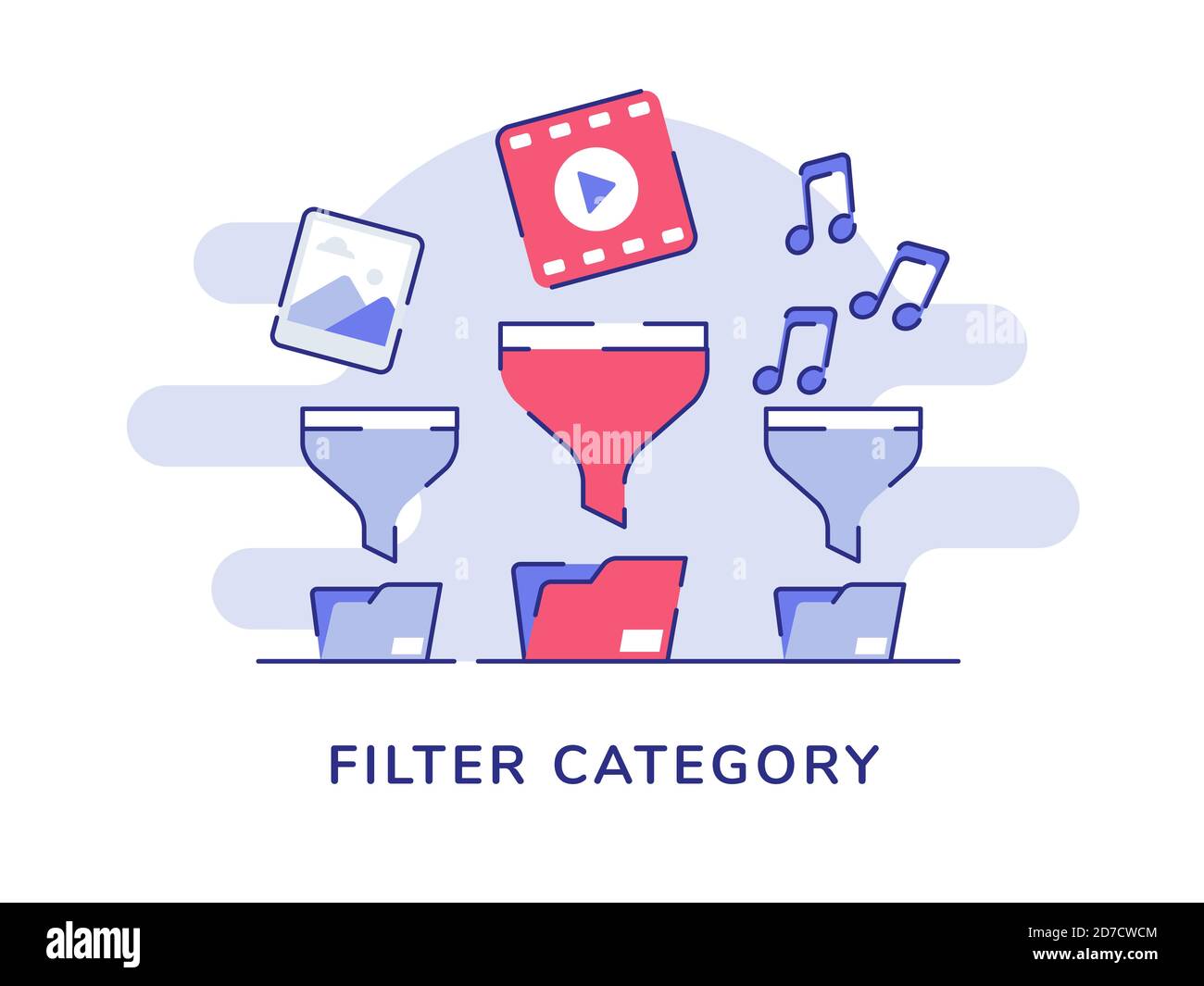 Filter category concept picture video music on funnel file folder white ...
