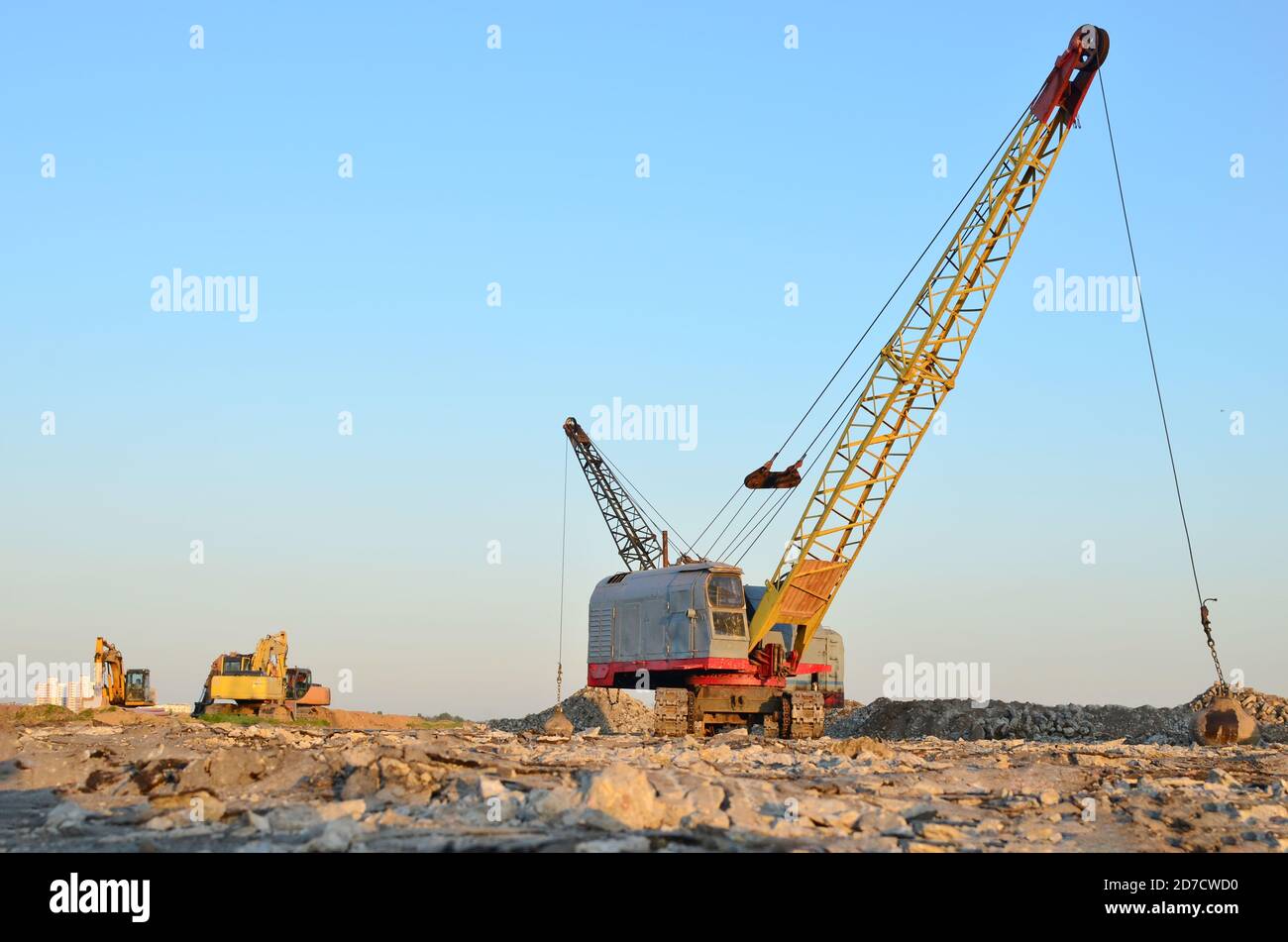 Large crawler crane or dragline excavator with a heavy metal wrecking ...