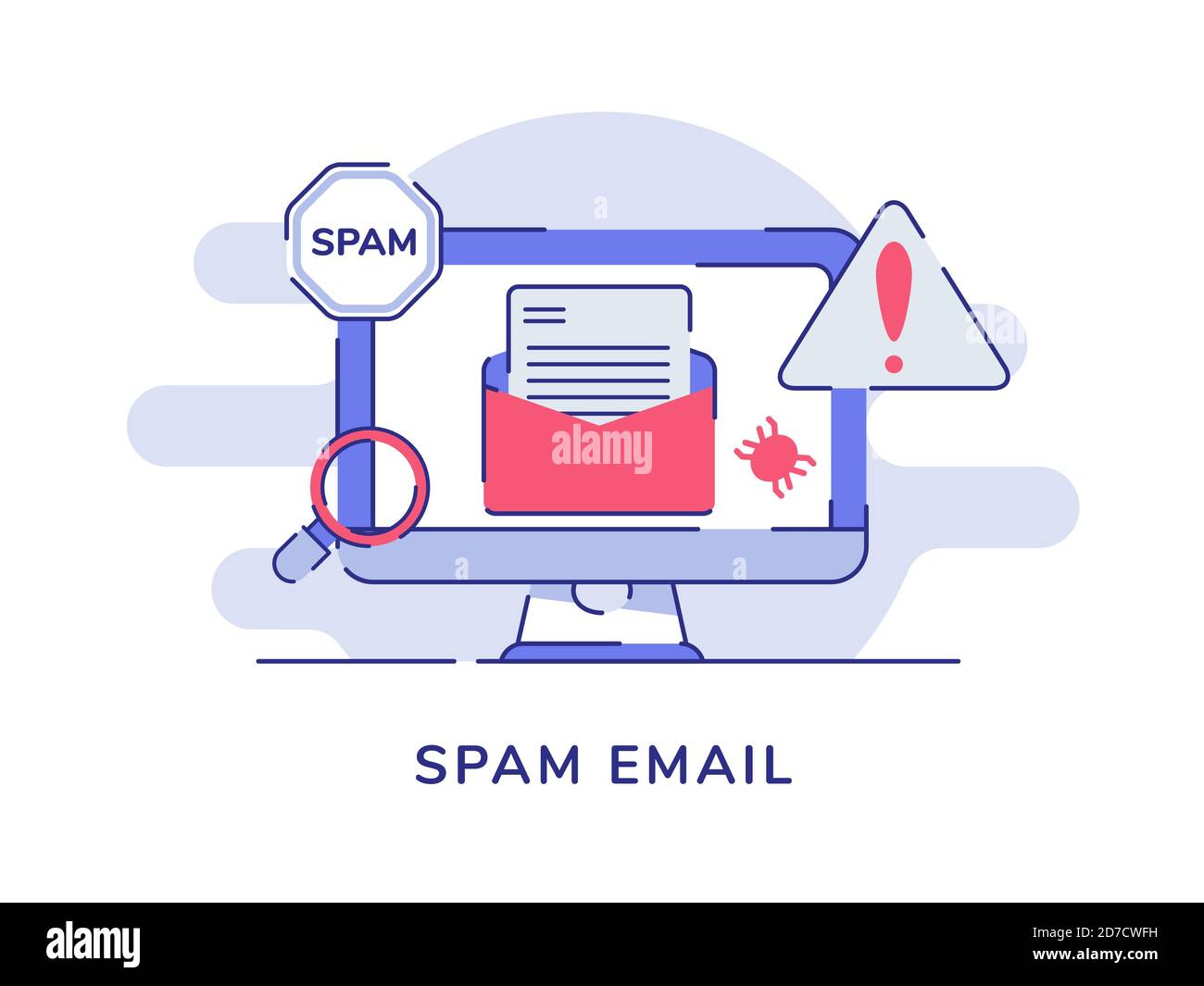 Spam email concept bug email on display computer screen white isolated ...
