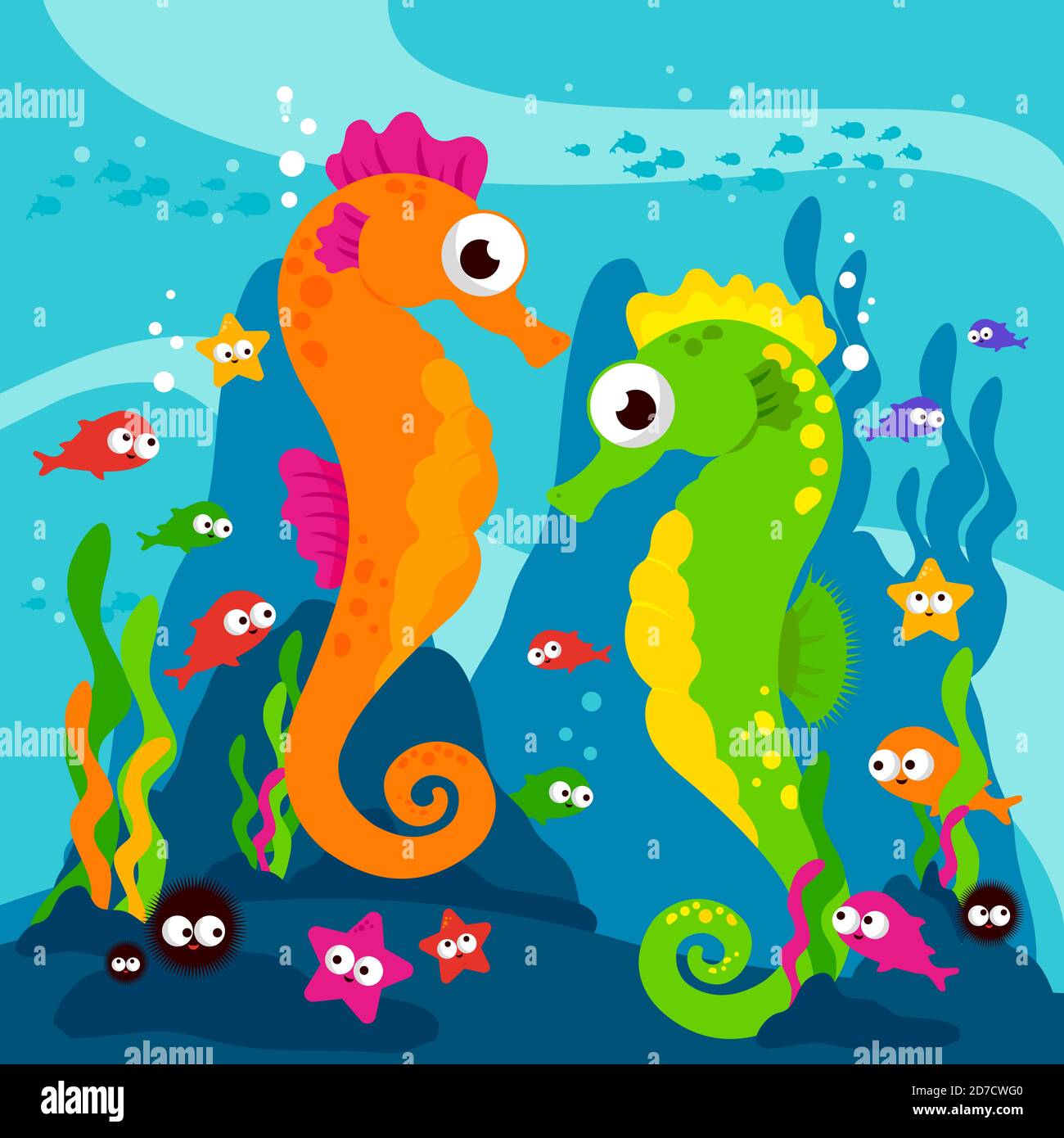 Seahorses and fish swimming under the sea. Colorful horse fishes on the ...
