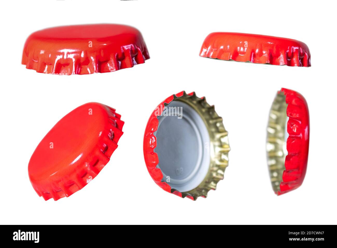 Closeup shot of different sides of a red metal bottle cap isolated on ...