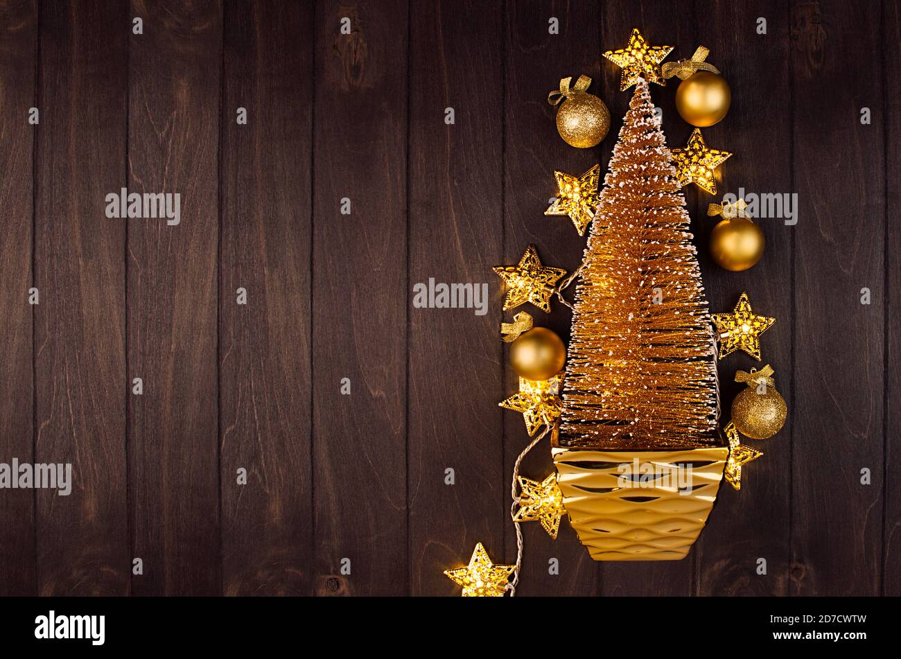 Christmas tree, decoration, glossy and glitter balls, golden stars on ...