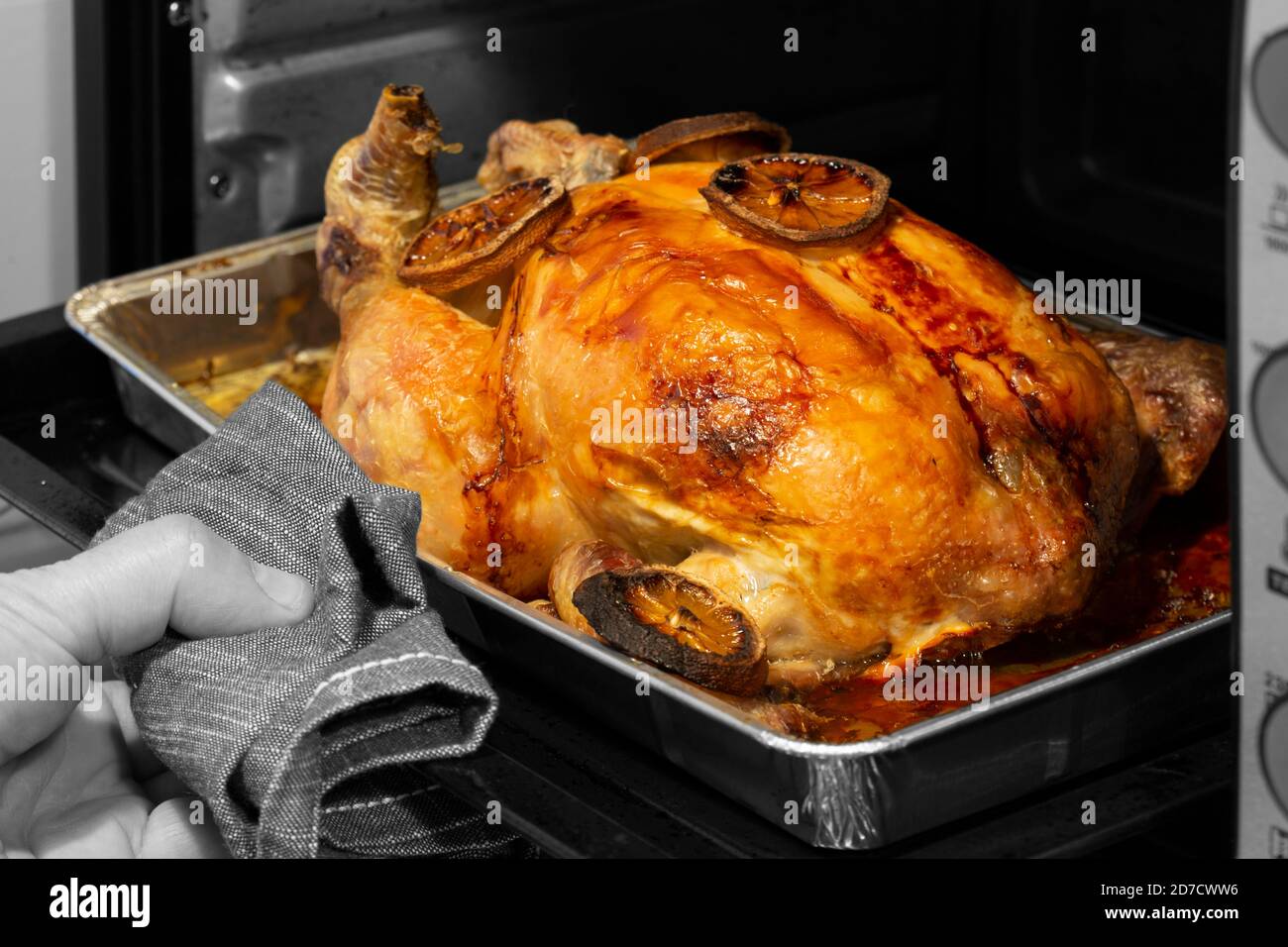 Man taking whole cooked chicken out of an oven with tea towel ...