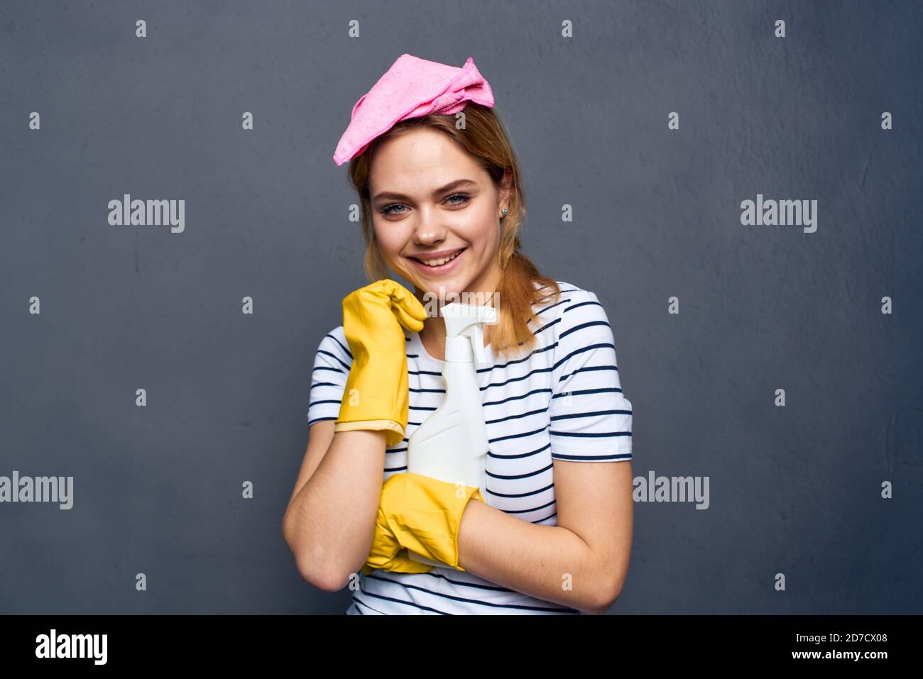 Cleaning lady with detergent pink rag service lifestyle cropped view ...