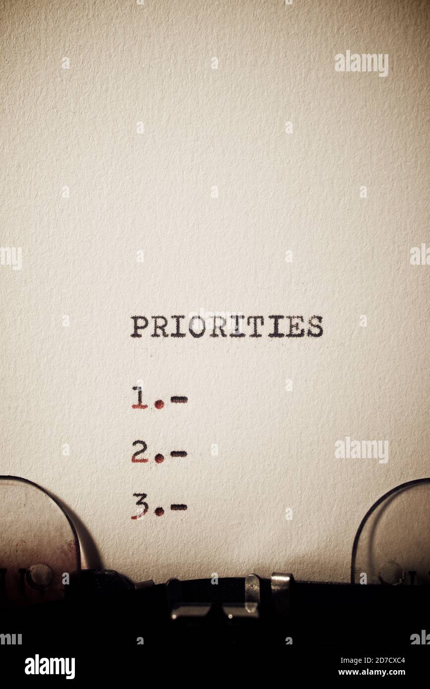 Priorities word written with a typewriter Stock Photo - Alamy