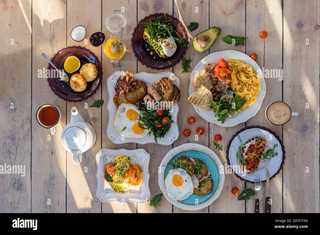 Top view of the Breakfast table with various dishes and drinks Stock ...