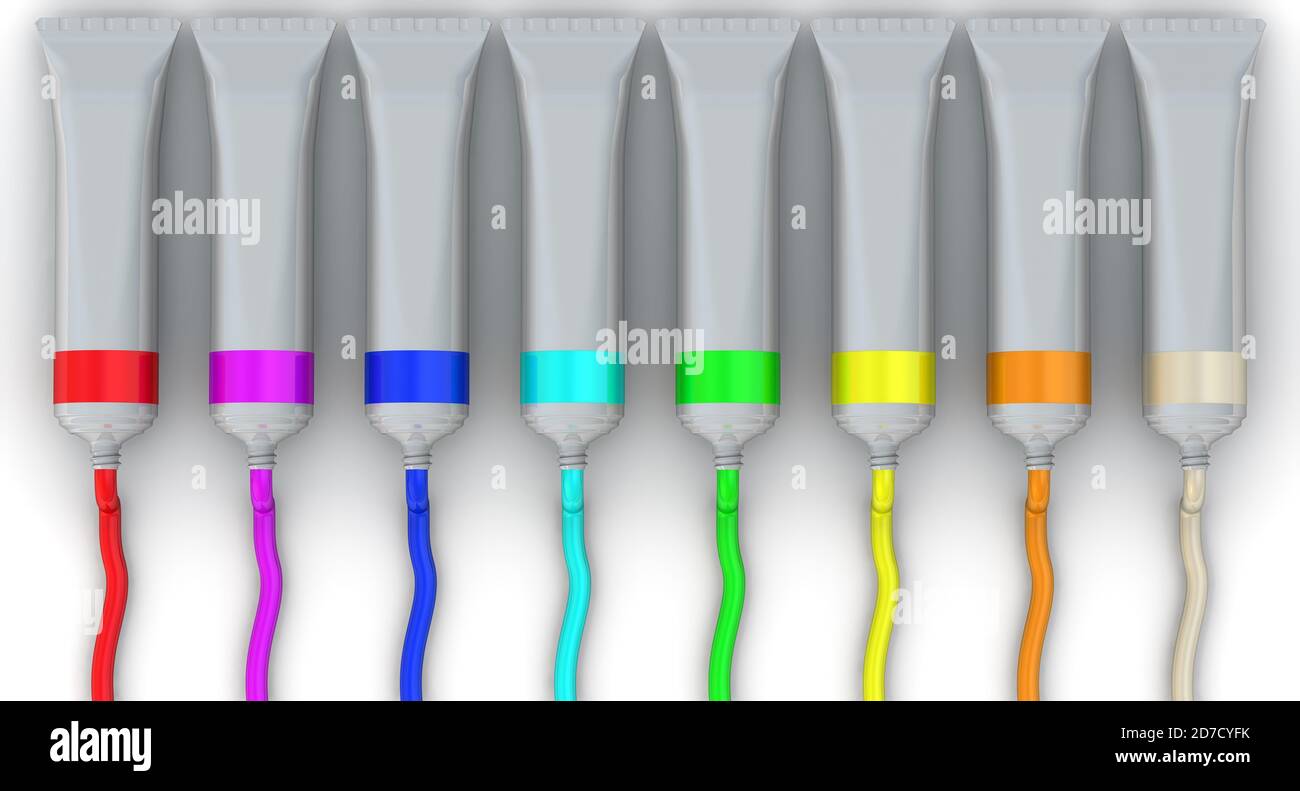 Opened tubes of paint lies on a white surface. The three-dimensional ...