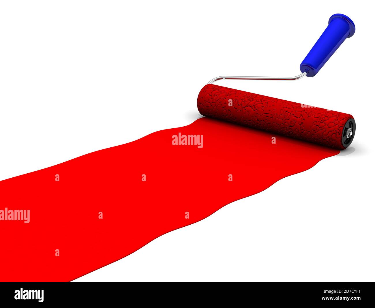 Paint roller paints by red color on white surface. The three ...