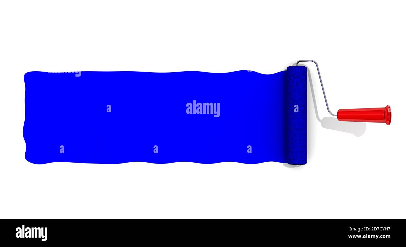 Paint roller paints by blue color on white surface. The three ...