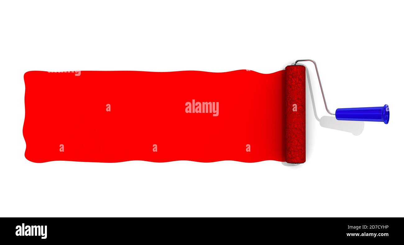 Paint roller paints by red color on white surface. The three ...