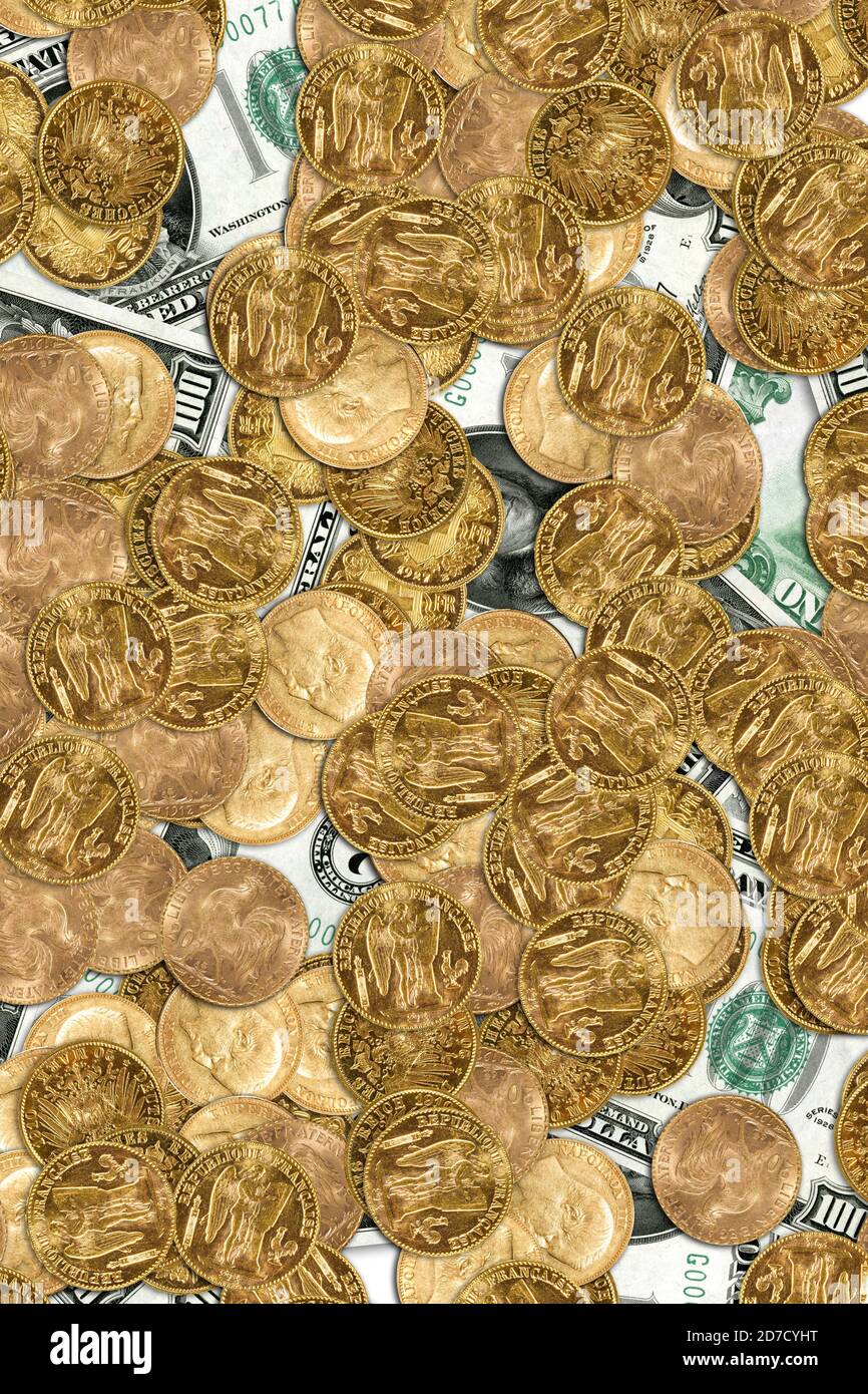 Lots of gold coins and 100 USD bank notes Stock Photo - Alamy